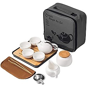 Lyty Chinese Tea Pot Cup Set with Tray Infuser - Travel Ceramic Tea set Porcelain Teapot, Portable All in One Gift Bag for Outdoor Picnic Business Hotel (White)