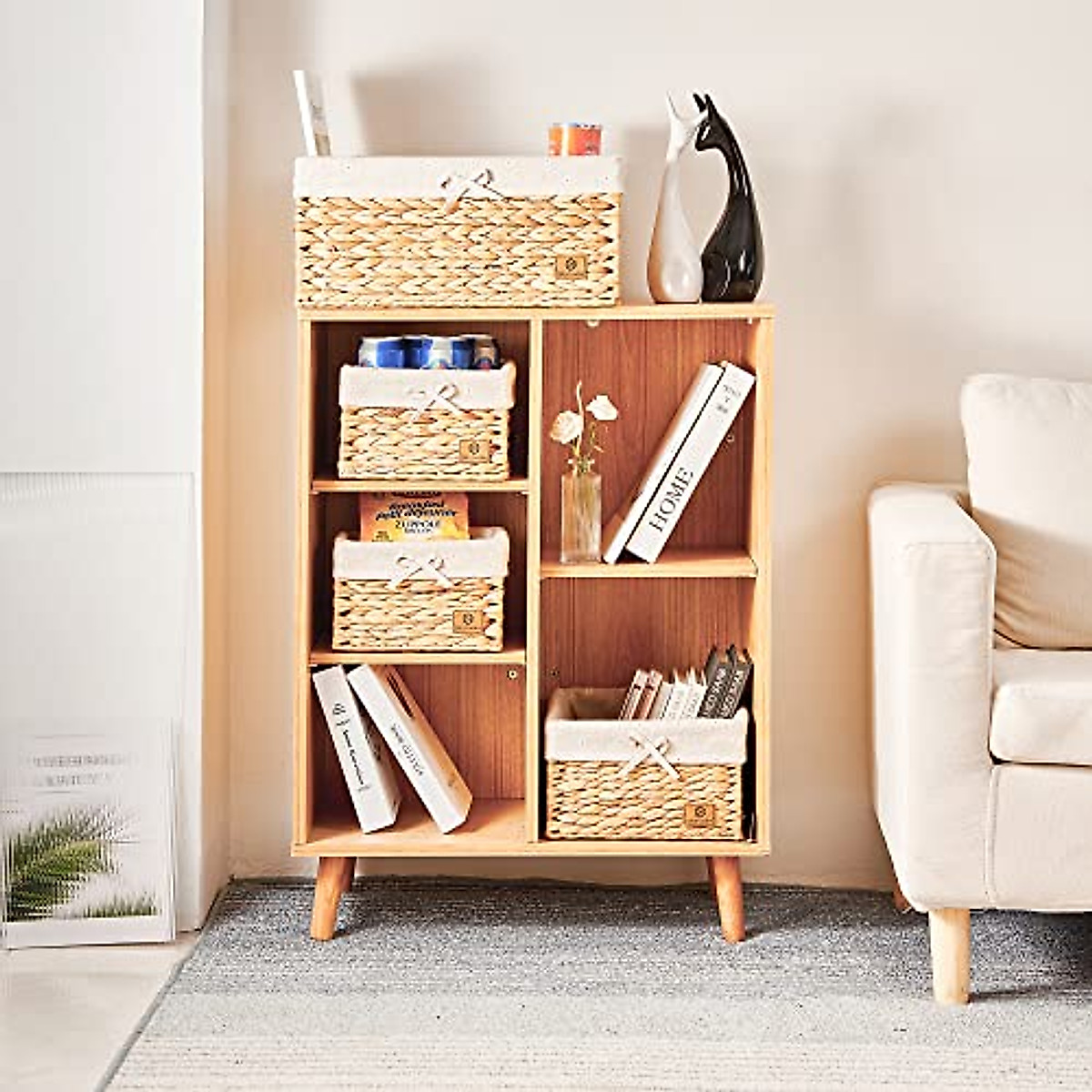 QH & Garden Hand-Woven Water Hyacinth Storage Baskets,Decorative Rectangular Wicker Basket with Detachable Liner,Natural Seagrass Woven Organizer Baskets for Shelves (set of 4)