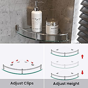 YorkHoMo Glass Corner Shelf Glass Shelves for Bathroom Shower Corner Shelf with Rail Wall Mounted Drill Hole for Inside Shower 2 Pack