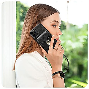 JLFCH ROMIELA Series iPhone 14 Pro Wallet Case, Crossbody Chain Strap Case Zipper Leather Purse RFID Blocking with Card Holder Lanyard Women Protective for Apple iPhone 14 Pro, 6.1 inch - Black