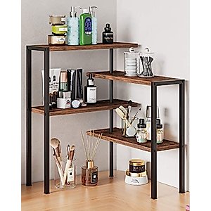 SZJHXIN Corner Shelf, Bookshelf, Plant Stand, 4-Tier, Walnut Color, Strong Metal Frame, Shelf Organizer for Living Room, Kitchen, Home Office, Vanity Table, Balcony, Bathroom, Small Space