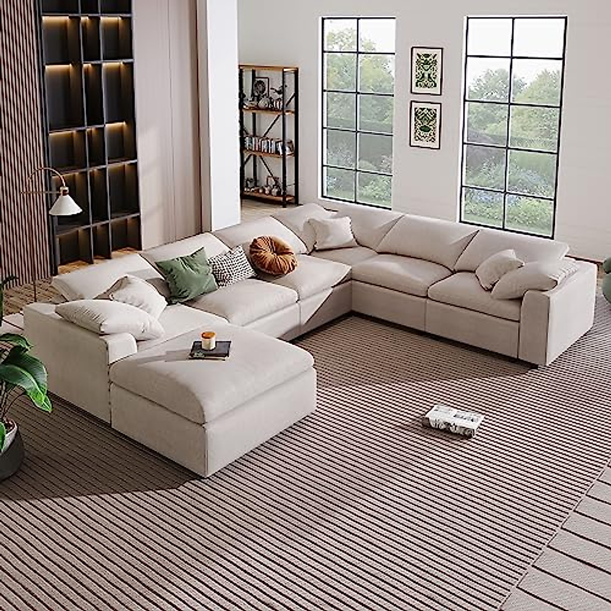 U Shaped Modular Sectional Sofa with Ottoman, 27.9'' Deep Seat Reversible Corner Couch with Detachable Cushion,Convertible Sofa&Couch Bed for Living Room, Office, Spacious Space