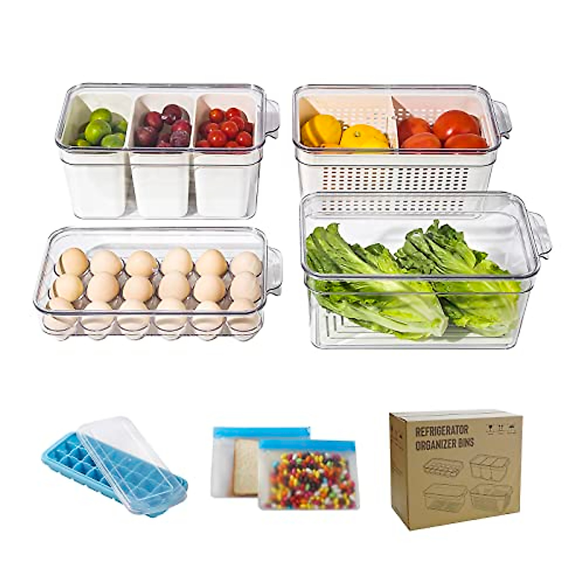 Sunview 7Pack Fruit Containers for Fridge,Produce Saver Refrigerator Organizer Bins,Kitchen Food Storage with Removable Drain Colanders Fridge Organizer,with Ice Tray and Reusable Food Storage Bags