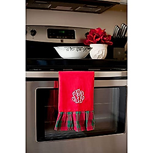 Drama Décor Personalized Green Hand Towel with Red & Green Ikat Trim, Monogramed Hand Towel