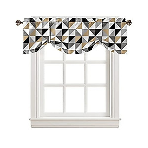 Kitchen Curtains, Simple Black and White Gold Triangle Pattern Valances for Windows, Short Curtains Rod Pocket Bathroom Curtains Window, Kitchen Window Curtains Over Sink, 54x18in Valances for Kitchen