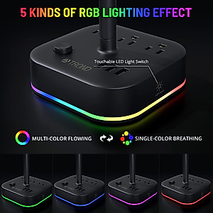 TROND Headphone Stand with USB Charger, Desk Gaming Headset Holder with 3 USB Charging Ports and 3 AC Outlets, RGB Headphone Hanger with 5 Light Modes, for Desk Accessories, Gamer Gifts