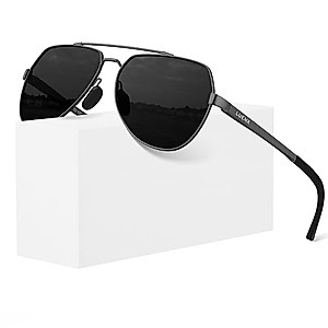 LUENX Men Women Aviator Sunglasses Polarized Shades Flexible Spring Hinge - Black Lens Gunmetal Metal Frame 60mm