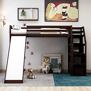 MOEO Twin Size Loft Bed with Slide & 3 Storage Staircase for Kids Bedroom,Sturdy Wood Bedframe, High Guardrail Design, No Box Spring Needed, 78.4" L×97.3" W×61.4" H, Espresso