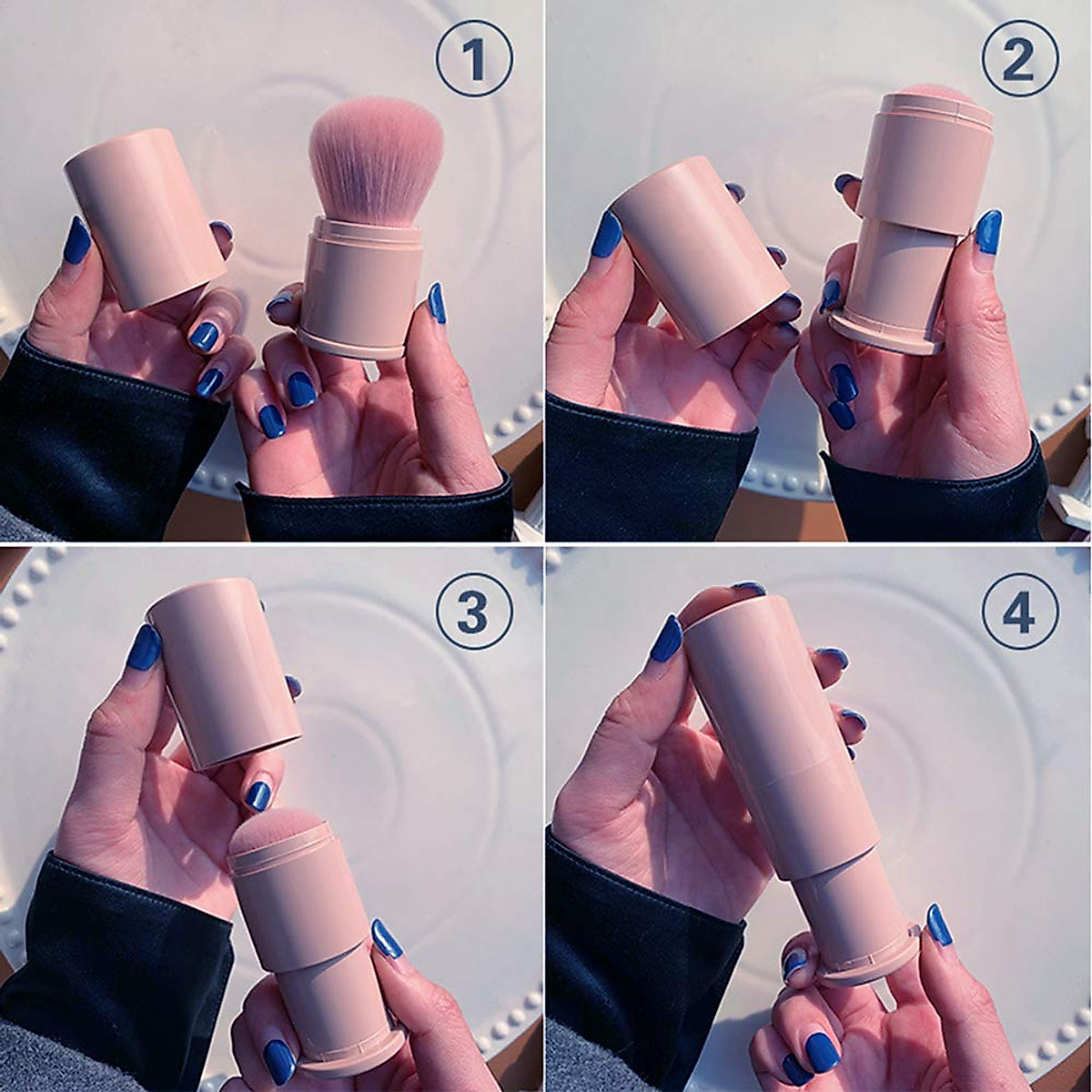 Retractable Kabuki Foundation Brush Travel Face Blush Brush for Mineral Powder, Contouring, Cream (Black + Pink 2Pcs)