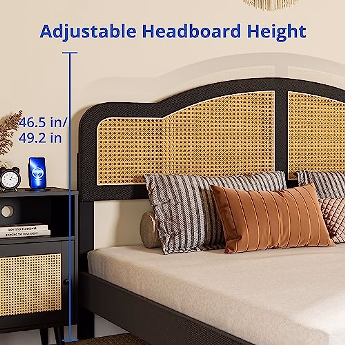 Cozy Castle Wooden King Size Bed Frame with Adjustable Rattan headboard, Boho Platform Bed Frame, No Box Spring Needed, Black