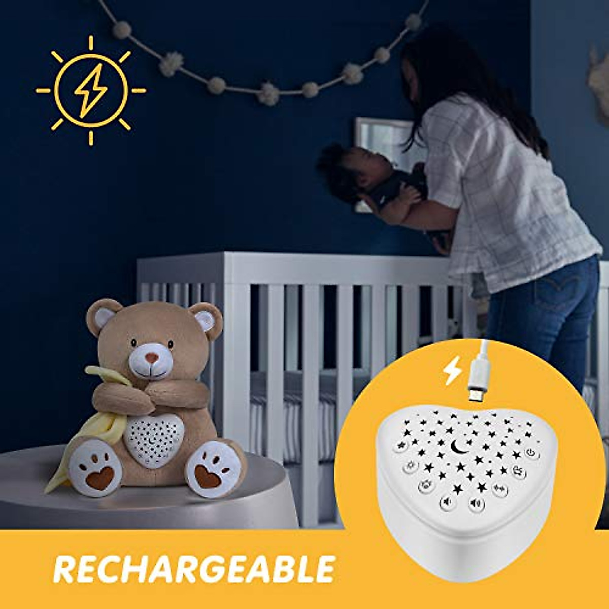 BEREST Rechargeable Sleep Soother Heartbeat Dreamy Bear, Baby Cry Sensor Lullabies & Shusher White Noise Machine, Nursery Decor Night Light Projector, Toddler Crib Sleeping Aid Baby Shower Gifts Teddy
