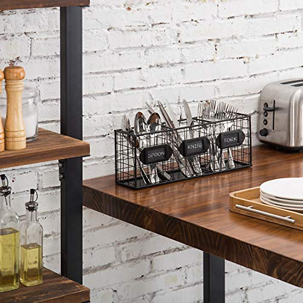 MyGift Utensil Organizer Wall Mounted Black Metal Kitchen Silverware Flatware Caddy Holder, Countertop Storage Basket with 3 Compartments and Chalkboard Labels