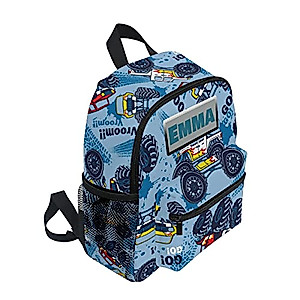 Aflyko Custom Name Kids Backpack Blue Monster Truck Personalized Daycare Bookbag Kindergarten Daypack for Toddler Girls Boys 10" × 4" × 12"