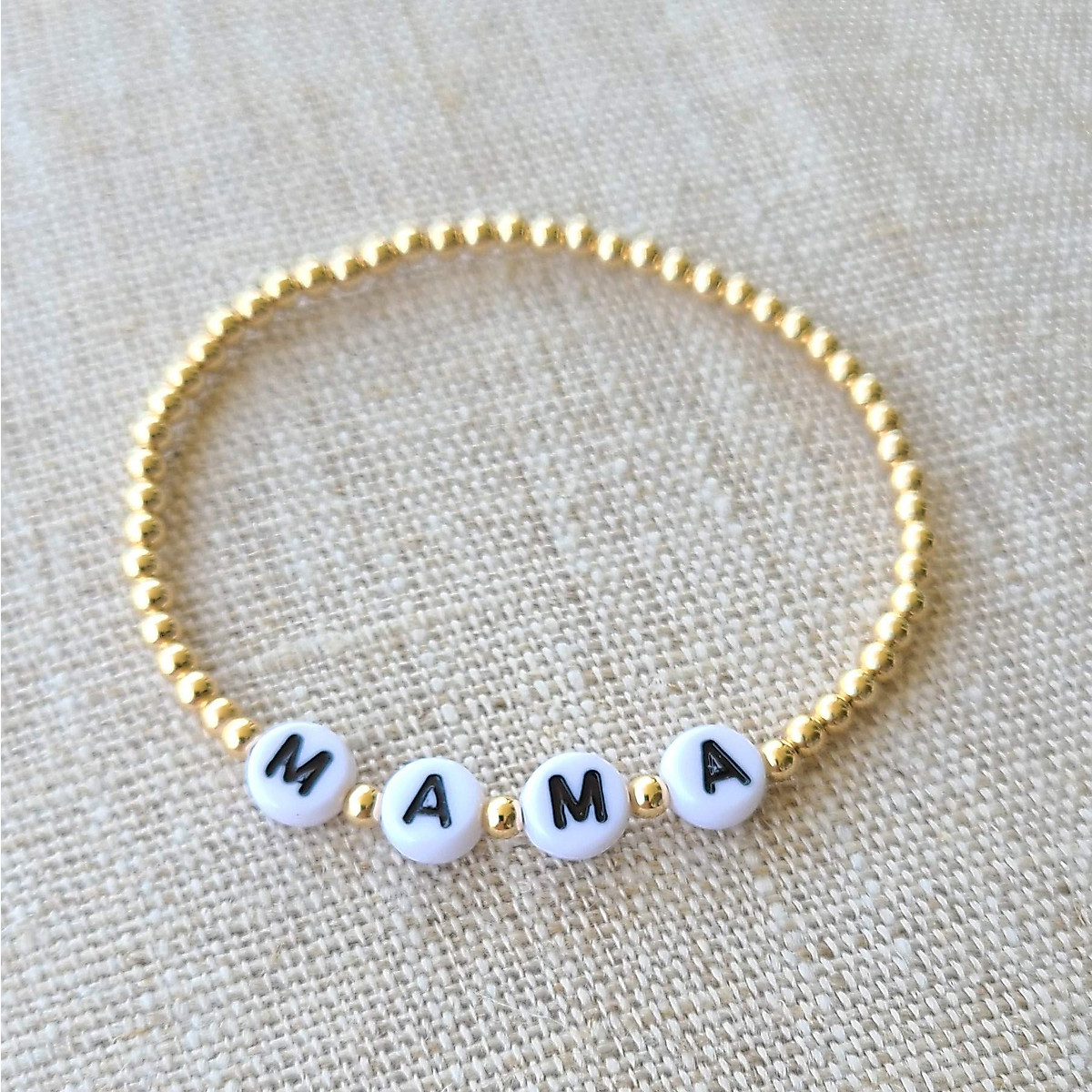 Anela Mama White Beaded Bracelet, 14kt Gold Filled Beaded, Stretch and Stackable, Hand Made in USA