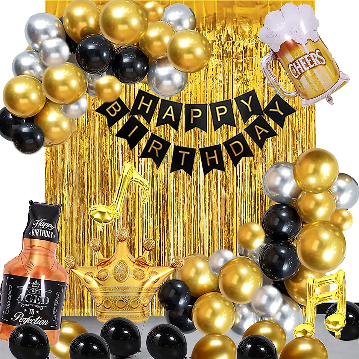 Black and Gold Birthday Party Decorations for Men, Happy Birthday Balloons for Him with Banner, Foil Balloons, Fringe Curtains, Crown, Beer Balloons for 18th 30th 40th 50th 60th 70th