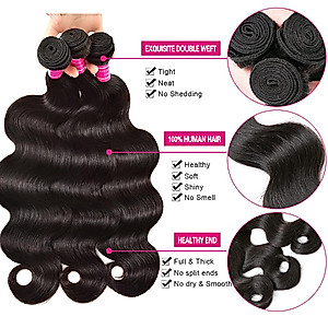 Body Wave Bundles with Closure Human Hair (16 18 20 +14) Brazilian Human Hair 3 Bundles with 4x4 HD Lace Closure Free Part 10A Grade 100% Unprocessed Virgin Hair Body Wave Bundles Natural Color