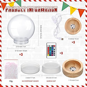 8 Pcs Christmas DIY Snow Globes Water Globe with LED Light Base Wooden Stand and Fake Snow Bulk 5'' Clear Plastic Snow Globe Kit Waterproof Screw Off Cap for Xmas Winter DIY Craft(Multicolor)