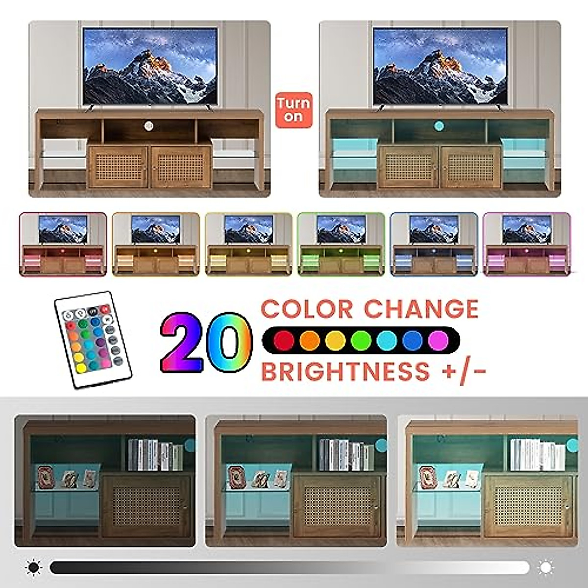 Lyromix LED TV Stand for Televisions up to 70 Inches Modern Rattan Entertainment Center with Cabinet Storage and 2 Door, Large Boho Media Console Table for Living Room, Natural