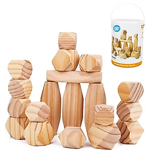 Pidoko Kids JUMBO Building Blocks for Toddlers 1-3 | Natural Wood 30 Pcs Large | Montessori Toys Wooden Block - Sensory Preschool Girls Boys Balancing Stones & Stacking Rocks - W/Storage Container