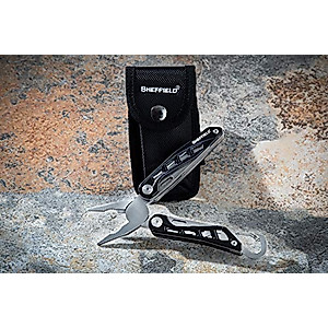 Sheffield 12176 Warren 10-in-1 Multi Tool with Carabiner | Folding Pocket Knife, Screwdrivers, Saw, Wire Cutters & More in One Multifunction Tool| Easy Open | for Hiking, Fishing, Camping + | Sheath,Black