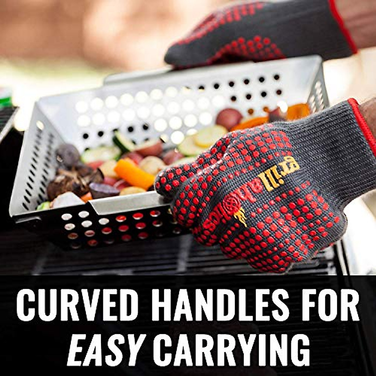 Grillaholics Heavy Duty Grill Basket - Large Grilling Basket for More Vegetables - Stainless Steel Grilling Accessories Built to Last - Perfect Vegetable Grill Basket for All Grills and Veggies