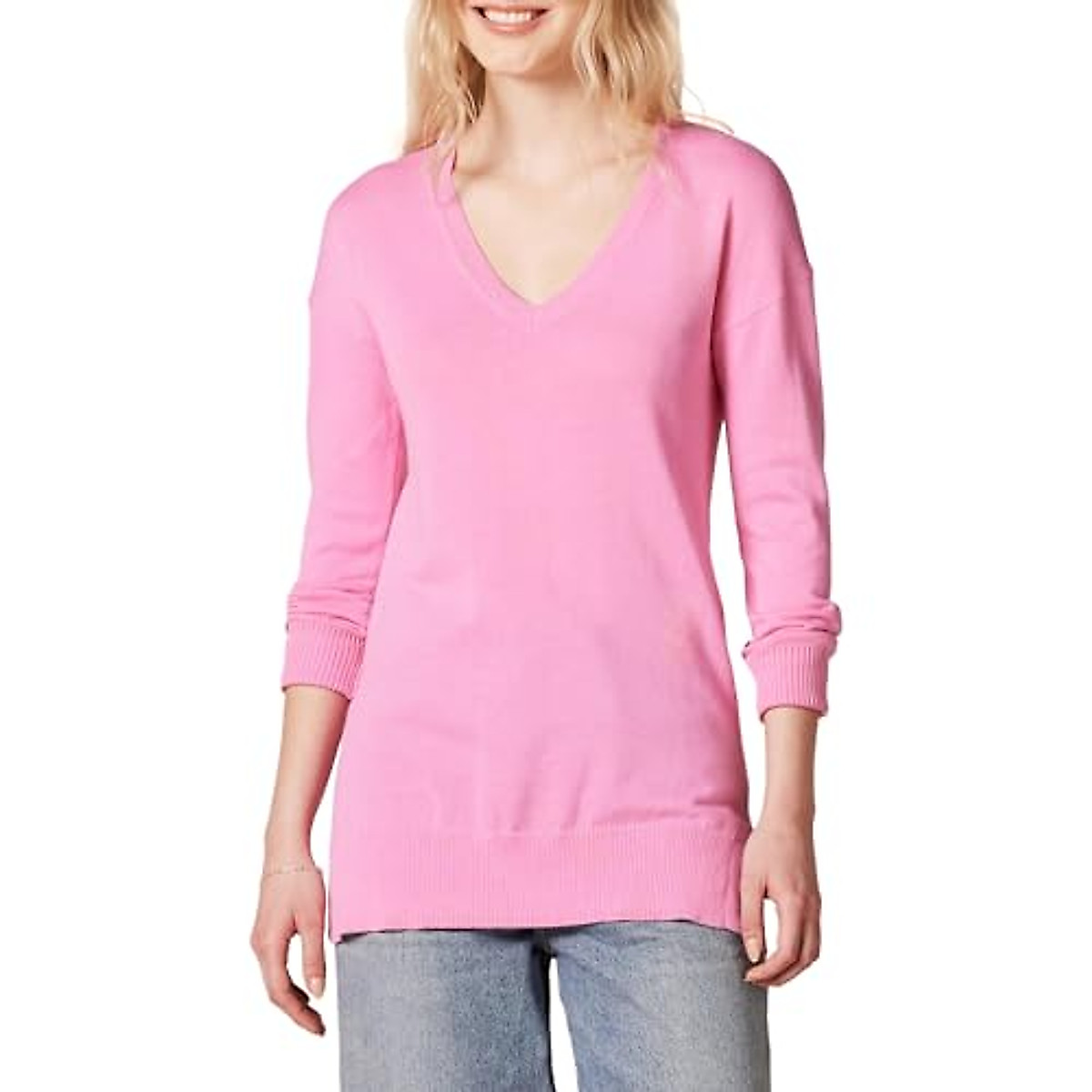 Amazon Essentials Women's Lightweight Long-Sleeve V-Neck Tunic Sweater (Available in Plus Size), Pink, Large