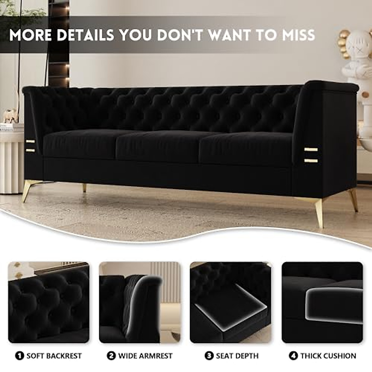 LaiBiKe Mid Century Velvet Couches 83" 2 Seater Living Room Sofa Comfortable Black Couch Solid Wood Frame Metal Legs for Guest Room Playroom Bedroom(03-Black-83)