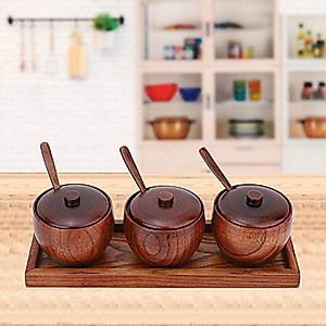 Luvitory Wooden Seasoning Spice Jar, Condiment Container Pots, Salt Box with Wooden Lid and Spoon 3 Pack Bowl with Tray, Food Storage for Home, Kitchen, Counter