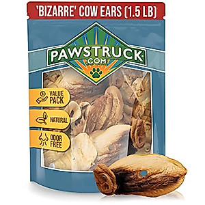 Pawstruck Natural Bizarre Cow Ears for Dogs, 1.5 lb Rawhide Free Bargain Bag, Low Fat and High Protein Dental Chews for All Breeds, Digestible Beef Treats, Calming Treat Dog Chews