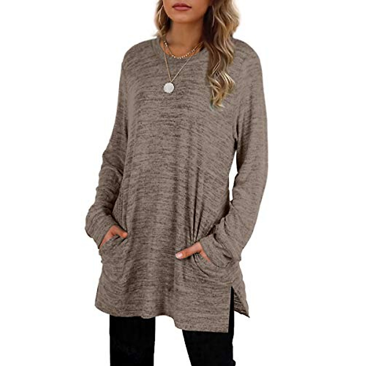 Womens Sweatshirts Loose Fitting Tops Fall Fashion Long Sleeve Tunic Pocket Coffee XL