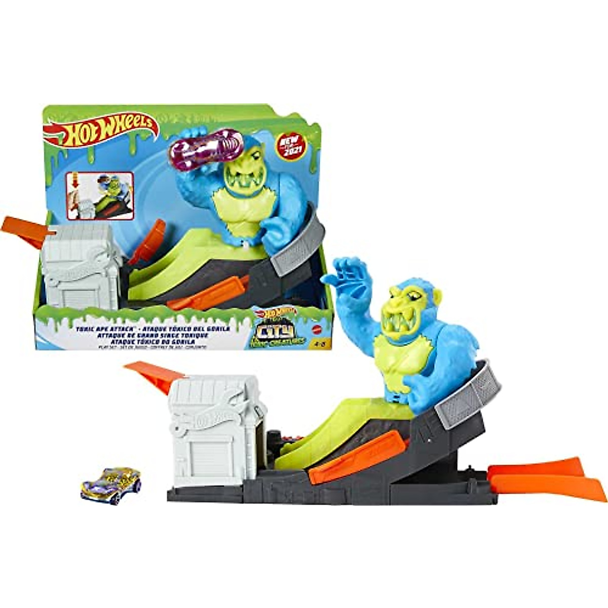 Hot Wheels Toxic Ape Attack Play Set for Kids 4 to 8 Years Old, Launch Included Car at Moving Purple Ape to Defeat It Before It Knocks Cars Off The Track & Destroys Garage