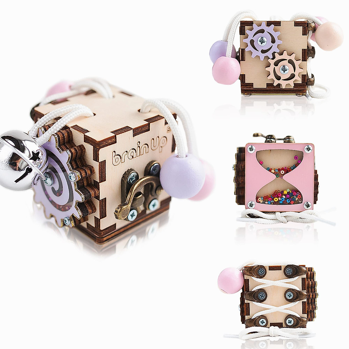 BrainUpToys Busy Activity Cube for Travel Toddlers Kids Children Baby - Busy Board – Wooden Sorter Toy - Montessori Toy - Learn to tie Shoes, Lacing - Developmental Toy - Learning Basic Life Skills