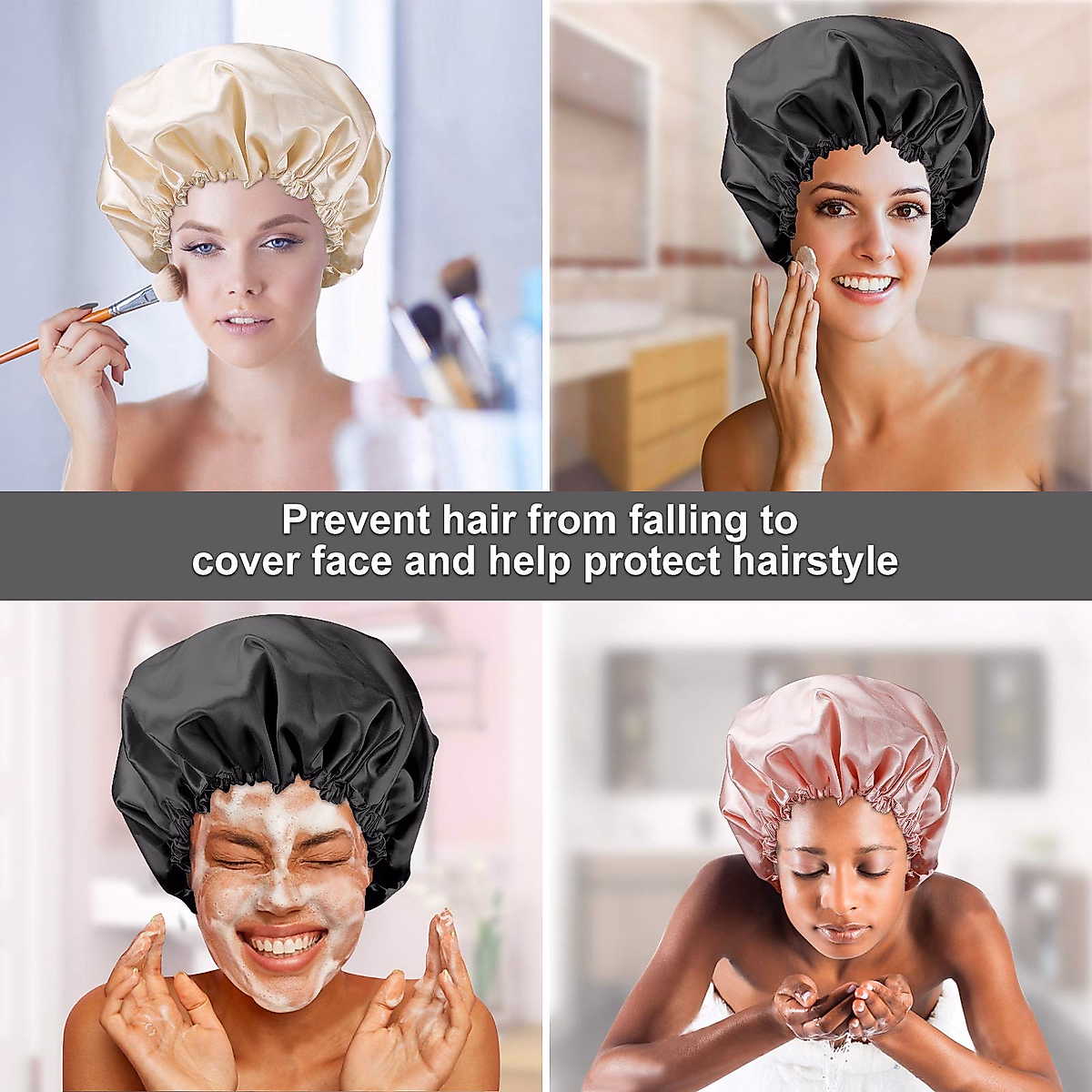 Shower Cap For Women Men 3PCS Shower Caps For Women Waterproof Extra Large Shower Cap Big Lined Rbersea Jumbo Reusable Shower Cap Long Hair Bonnet Set For Kids With Black Gold Pink Bath Cap Adjustable