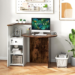 Giantex Reception Desk, Front Counter Desk with Lockable Drawer, Checkout Table with Round Tabletop, Corner Shelf & Adjustable Shelf for Office Beauty Salon Retail Store (Brown & White)
