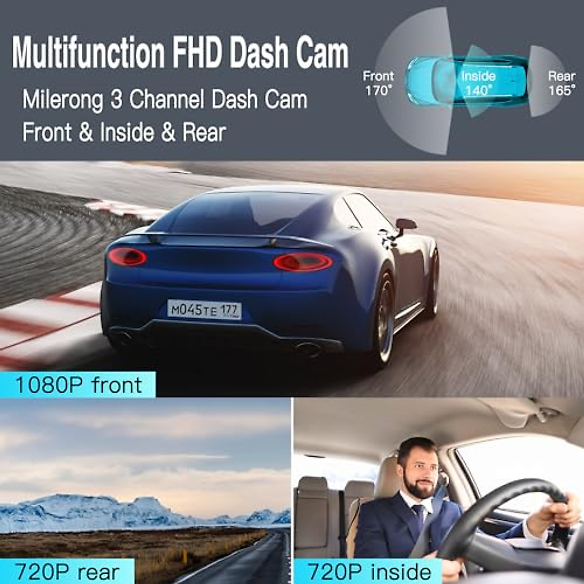 Milerong Dash Cam Front Rear and Inside, FHD 1920P Dash Camera for Cars, Dashcam Three Way Triple Car Camera with IR Night Vision, Rotating Inside Camera, 24H Parking Mode, WDR