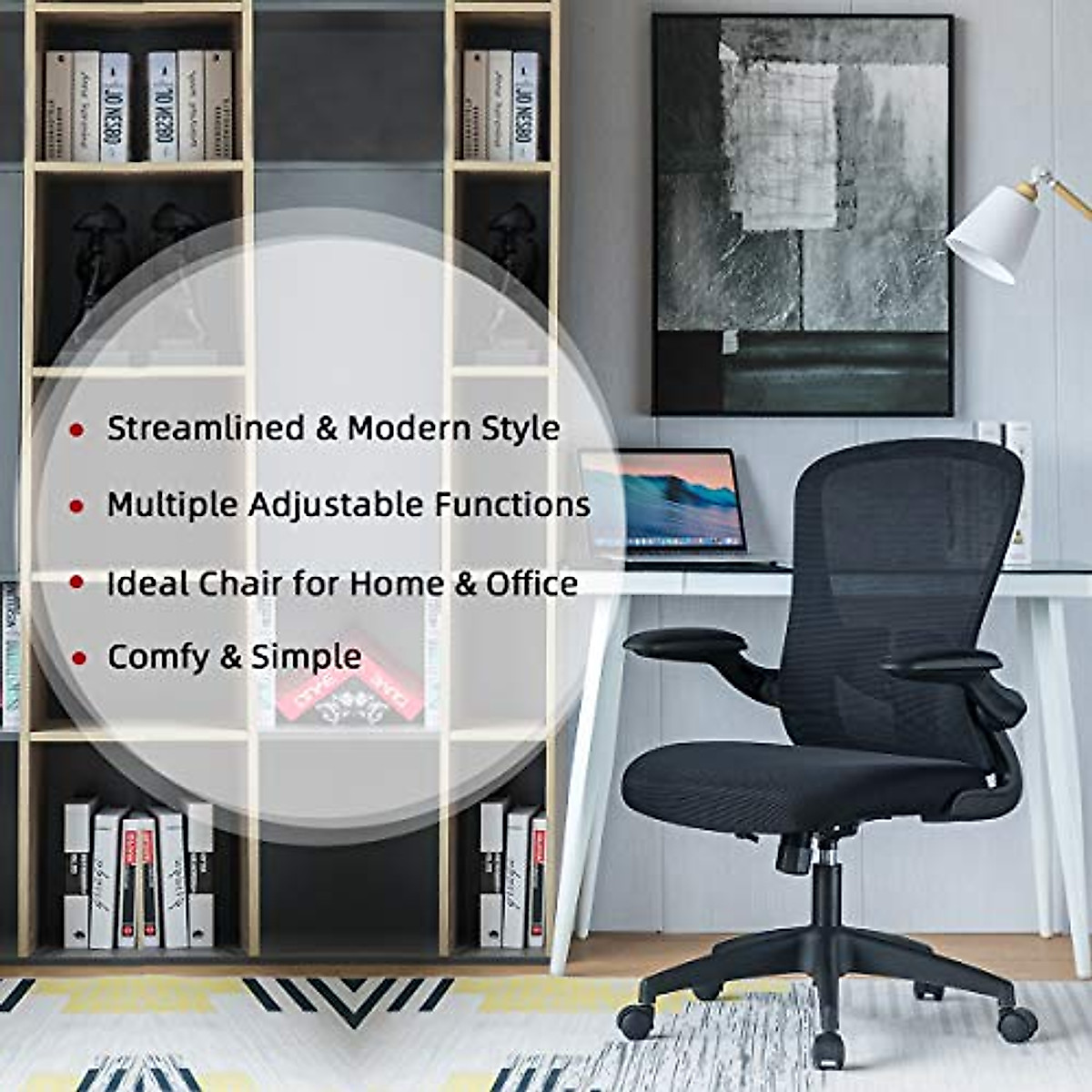 Sytas Office Chair Ergonomic Desk Chair Computer Task Mesh Chair with Flip-up Arms Lumbar Support and Adjustable Height, Black