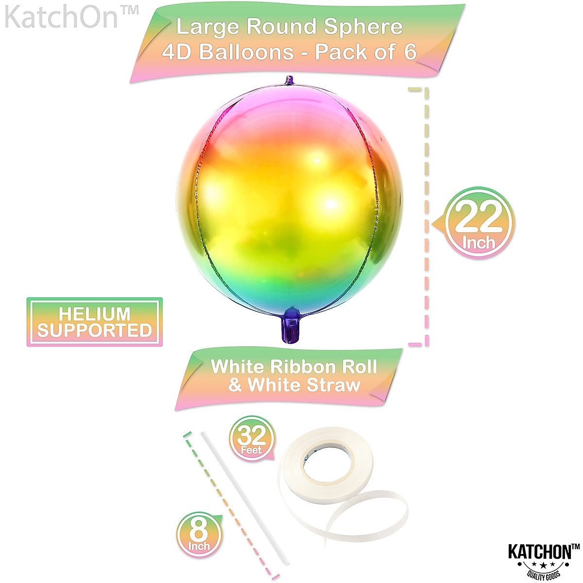 KatchOn, Rainbow Foil Balloons - 22 Inch, Pack of 6 | 4D Gradient Rainbow Balloons | Tie Dye Balloons for Birthday Party Decor | Rainbow Unicorn Balloons | Rainbow Mylar Balloons, Iridescent Balloons