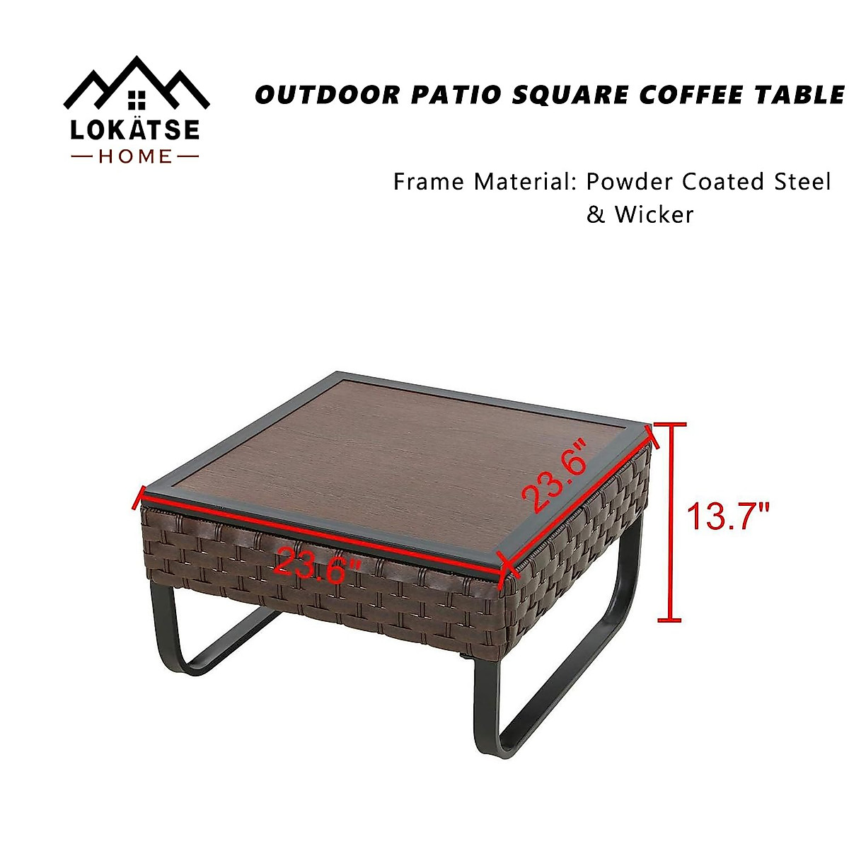 LOKATSE HOME Patio Dining Furniture Outdoor Square Bistro Side Coffee Table with Rattan Wicker Metal Slatted Steel Frame Aluminum Plastic Plate Wood Grain Desktop, Brown