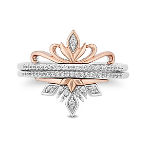 Jewelili Enchanted Disney Fine Jewelry Sterling Silver and 10K Rose Gold 1/6 Cttw Natural White Round Diamond Elsa-Anna Duo Stack Ring, Size 6