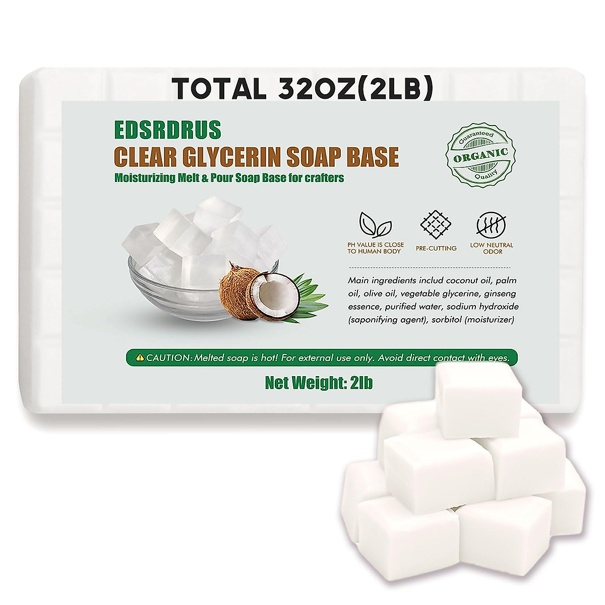 EDSRDRUS 2LB Unscented Glycerin Soap Base DIY Handmade Soap Moisturizing Melt and Pour Soap Base for Crafting, Vegetable Glycerin & Coconut Oil, Easy to Cut (White, 2LB)
