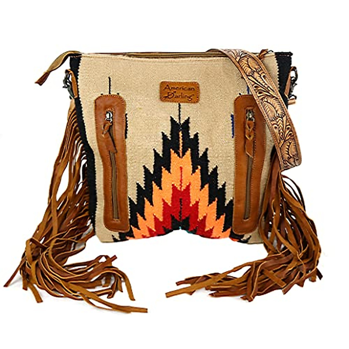 American Darling ADBGZ422A Tan Multi Colored Aztec Purse with Tooled Leather