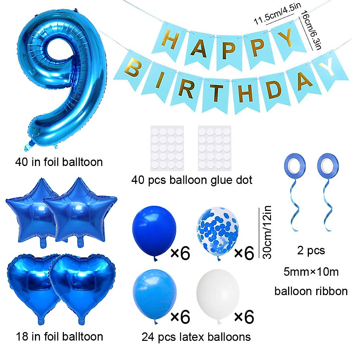 Huture 9 Birthday Party Supplies Blue Number 9 Foil Balloon Happy Birthday Banner Kit 9th Birthday Decoration White Blue Latex Confetti Balloon Foil Star Balloon Great Gift for Girls Boys Birthday