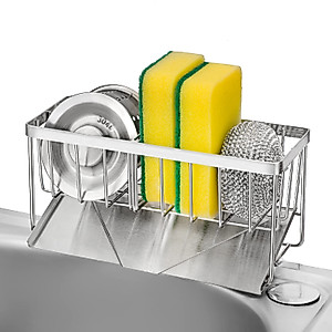 Kitchen Sink Caddy Organizer, 304 Stainless Steel Sponge Holder,Holds Sponges, Dish Soap Dispensers, Cleaning Towels, Scrubbers,etc,with Auto Drain Tray, Silver