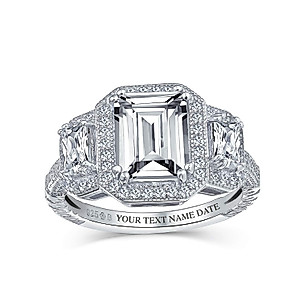 Personalize Estate Vintage Art Deco Style 3CT AAA CZ Halo Rectangle Emerald Cut Statement Engagement Ring For Women CZ Baguette Side Stones .925 Sterling Silver Custom Engraved