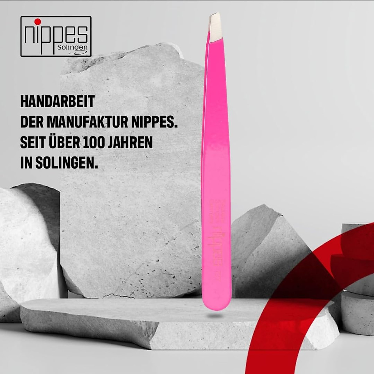 Nippes Stainless Steel Slant Pink Tweezers - Precision Pointed Slant - Quality Handmade in Solingen Germany - Professional Grade - Ergonomic Hand Grip - for Eyebrows, Eyelashes, Extensions [9.5 CM]