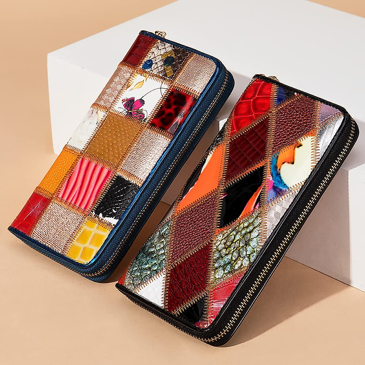 Eysee Women Wallets Genuine Leather Card Holder Organizer Purses Model Stitching Bag Wallet with Flap Phone Clutch Large Long Purse (Mode A-1)