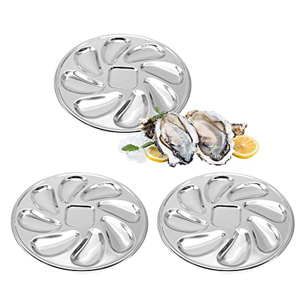 UOIENRT 3 Pack Oyster Plate, Stainless Steel 8 Slots Oyster Grill Pan with Center Slot Multi-Functional Grill Pan for Oysters and Scallop, Sauce and Lemon(Silver)
