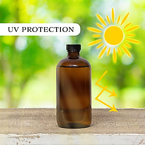 Cornucopia 16oz Amber Glass Bottles with Reusable Chalk Labels and Lids (2 Pack), Refillable Brown Boston Round Bottles, with Black 28-400 Caps