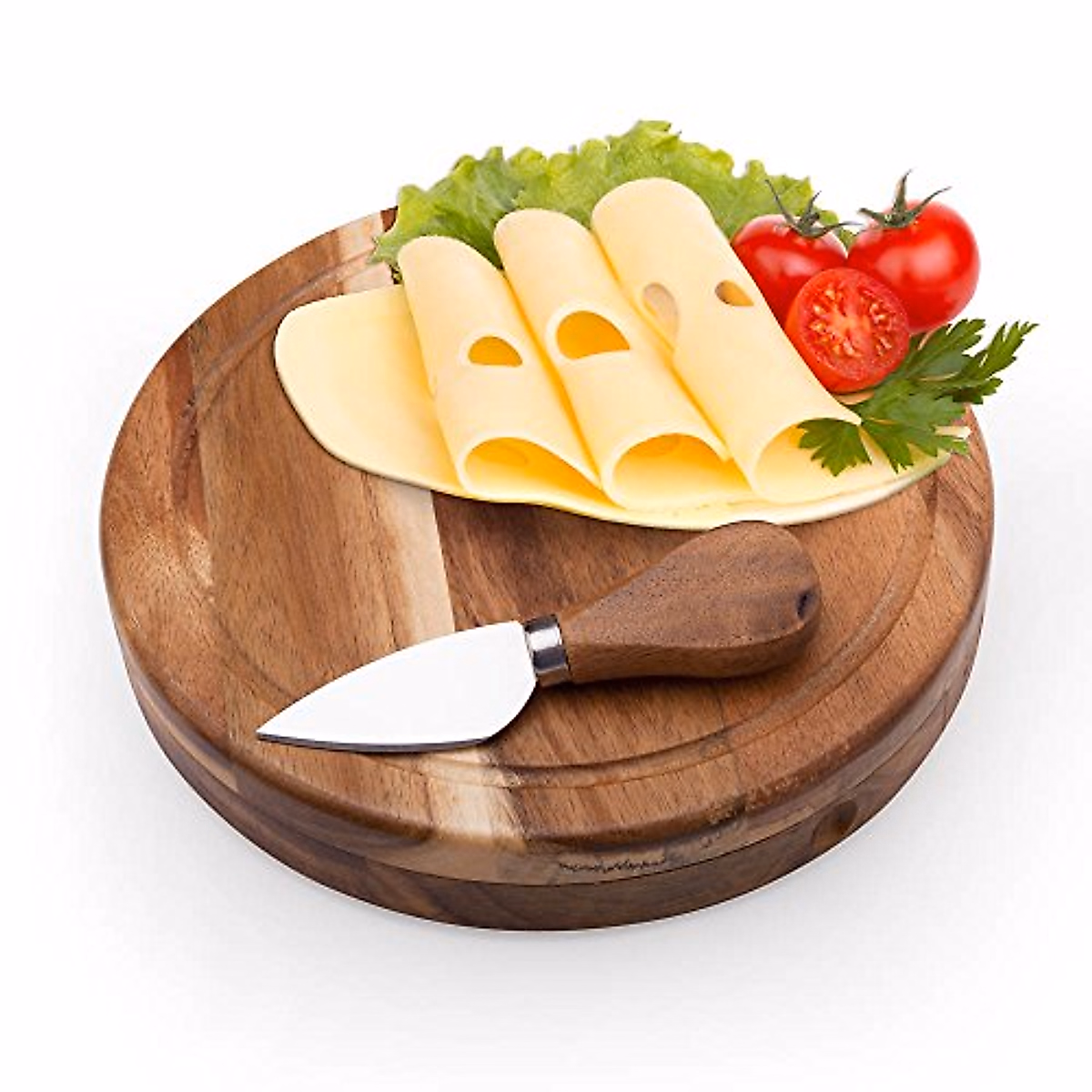 ILEAF Round Slide-Out Acacia Wood Cheese Board and 3 Piece Cheese Tool Set, 7.5 inch Diameter