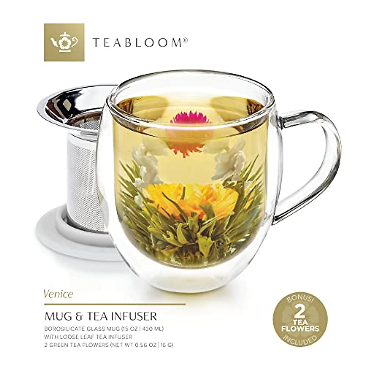 Teabloom Double-Wall Heatproof Glass Mug with Stainless Steel Infuser and White Lid – 15 OZ / 430 ML – 2 Blooming Teas Included